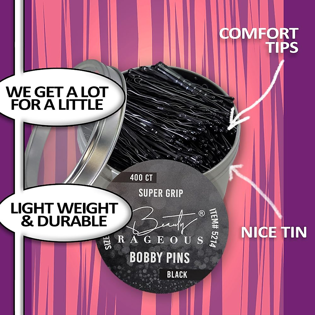 Super Grip Bobby Pins - Women's 1.9 Inch - Easy, Secure, All Hair Types - Handy Reusable Tin (Black - 400 Ct Approx)