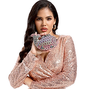 Boutique De FGG Super Mini Women Fish Evening Bags Crystal Clutch Purse Wedding Party Rhinestone Handbags (Pink&Green)