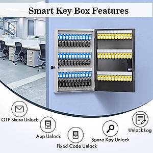 72 Key Cabinet Organizer,Metal Key Lock Box Wall Mount use OTP Technology Unlock,Fixed Password/Bluetooth Unlock, App Remotely Generates Pin Codes Without Internet,Great for Key Hook & Storage