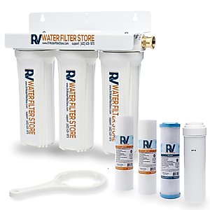 RV Water Filter Store - 3 Stage Water Filtration System - Includes Heavy Metal Filter, 1 Micron Sediment Filter, and 0.5 Micron Carbon Block Filter - High Flow, Standard Bracket, Purified Water for RV