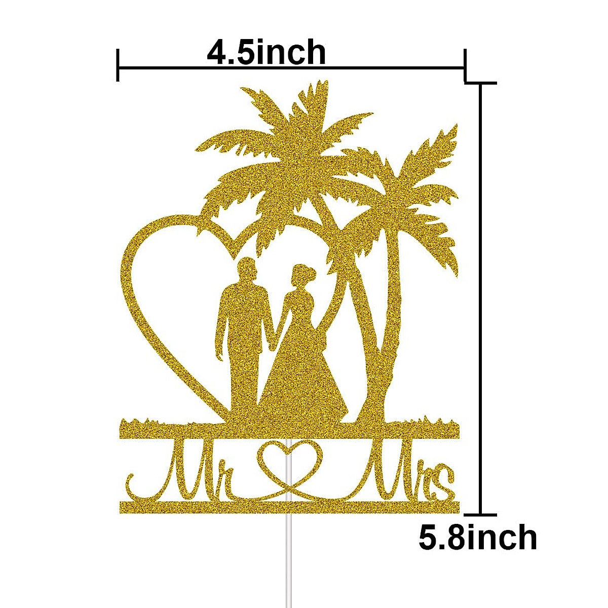 Funny Wedding Cake Topper Tropical Palm Tree Hawaii Beach Themed Wedding Party Supplies Bride & Groom with Hand in Hand Travel Theme Party Decors Gold Glitter