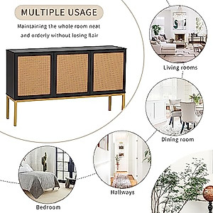 Prohon Large Space 53.9" Accent 3 PE Rattan Decor Doors, Adjustable Shelves & Rebound Device, Sideboard Buffet Cabinet Storage and Solid Wood Feet for Kitchen, Living Room, Entryway, Black