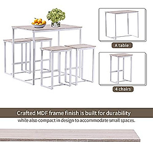 SSLine 5-Piece Bar Table and Chair Set,Modern Industrial Pub Bar Dining Table Set Wood Kitchen Table Set,Counter Height Dining Set with 4 Stools (Oak White)