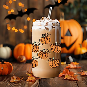 LEADO Fall Pumpkin Cup, Halloween Iced Coffee Cup, 16 oz Aesthetic Cute Glass Cups with Lids and Straws, Thanksgiving Tumbler Mug - Fall Gifts, Halloween Boo Basket Gifts for Women, Her, Adult