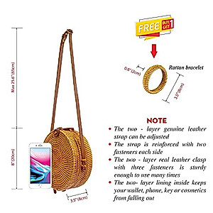Aviboo Handwoven Round Rattan Straw Crossbody Bags for Women 8” with Adjustable Two-Layer Genuine Leather Strap with Bonus - Rattan Bracelet