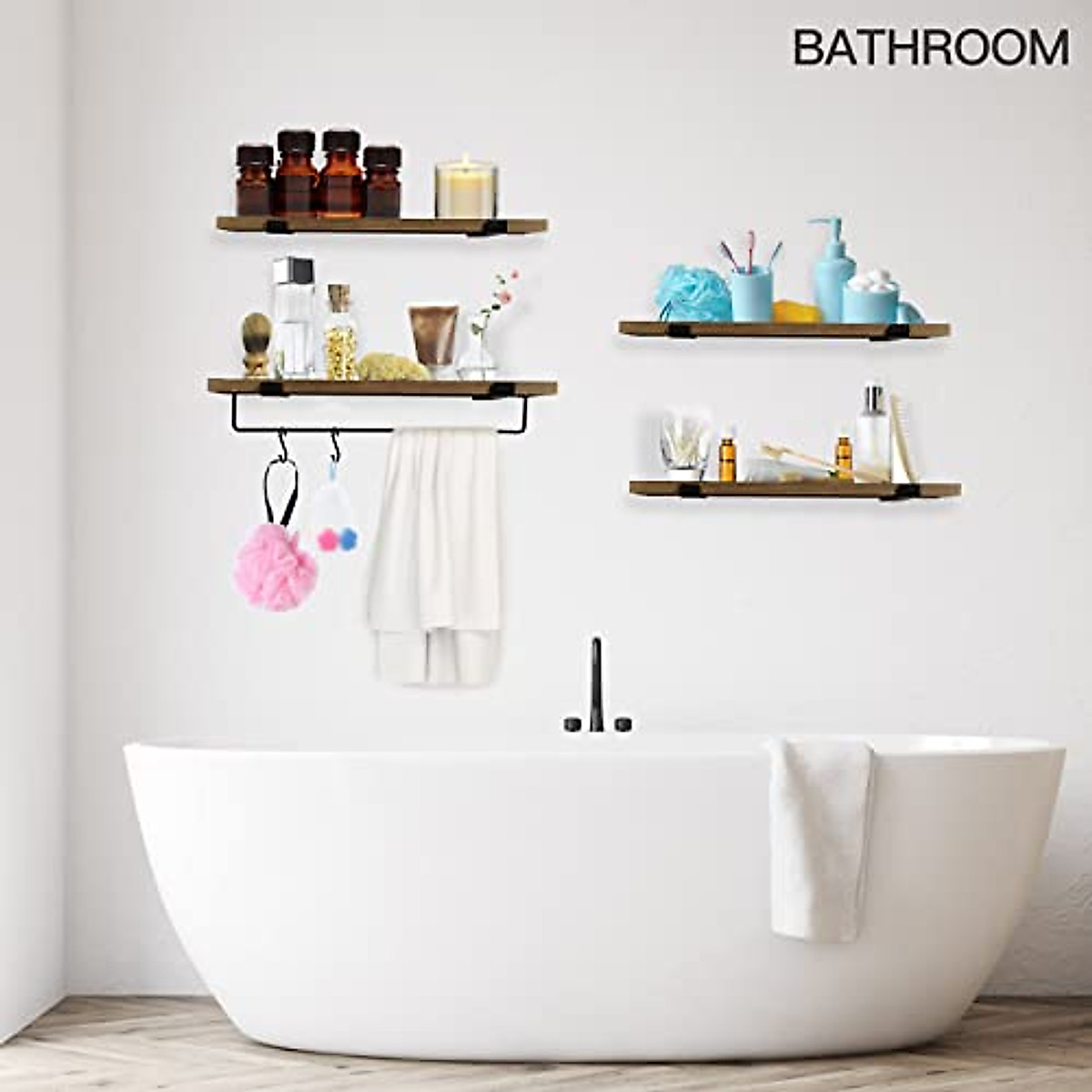 Vppiis Floating Shelves for Bedroom Bathroom, Nature Wood Wall Mounted Book Shelf, Wall Shelves Storage for Living Room Kitchen Office with Towel Rack and 2 Hooks Set of 4