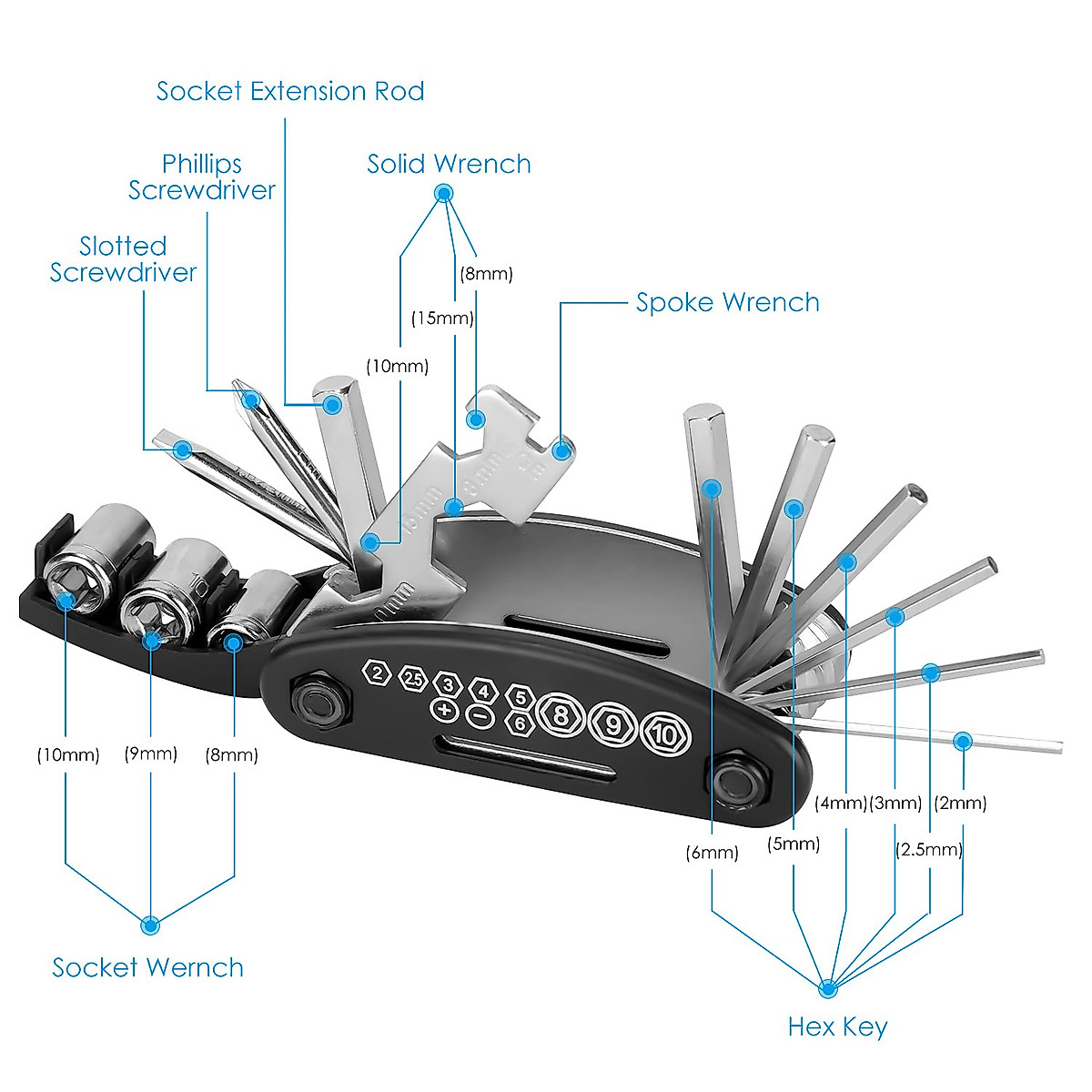 WOTOW Bike Repair Tool Kits, 16 in 1 Bike Saddle Under Seat Bag Waterproof with Repair Set Chain Breaker Splitter, Hex Key, Tire Patches Lever, Portable Multi Tool Maintenance for Road Mountain Bikes