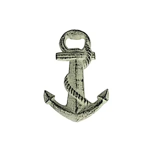 Hampton Nautical Whitewashed Anchor with Nautical Themed Rope Bottle Opener 5" - Vintage Cast Iron Decor