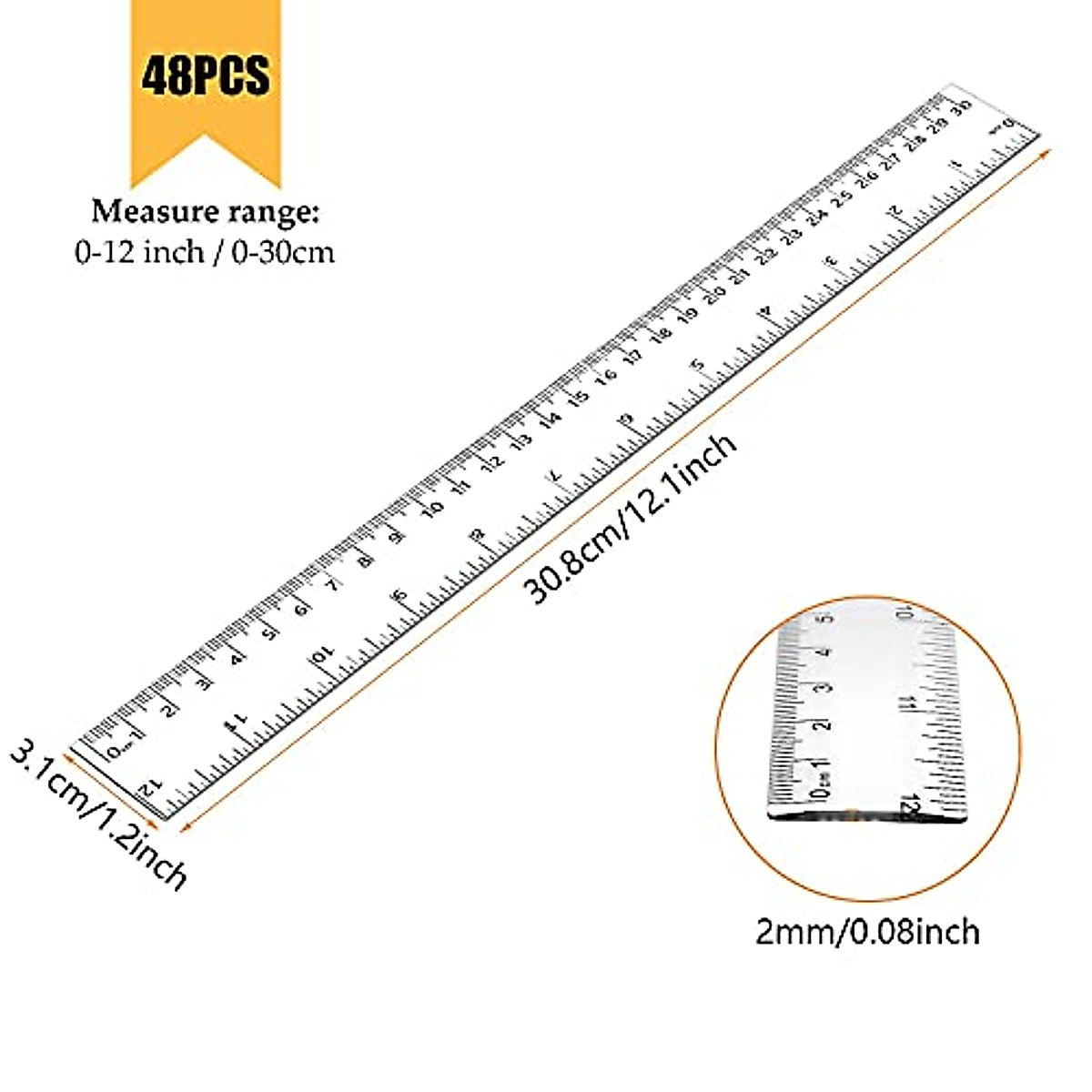 [48 Pack] Transparent Ruler 12 Inches - Clear Plastic Flexible Rulers - Ruler with Inches, Centimeters and Millimeter for Kids and Teachers - Metric Rulers Bulk, Used for Classroom & School Supplies