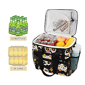 ALAZA Cute Cat Sugar Skulls and Flowers on Black Large Lunch Bag Insulated Lunch Box Soft Cooler Cooling Tote for Grocery, Camping, Car