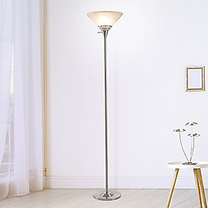Lavish Home Torchiere Floor Lamp-Standing Light with Sturdy Metal Base and Marbleized Glass Shade-Energy Saving LED Bulb Included (Brushed Silver)