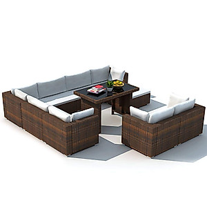 GOLINPEILO 10 Piece Outdoor Patio Furniture Sectional Sofa Set with Cushions & Coffee Table, All Weather Wicker Conversation Set for for Yard,Garden or Poolside, Poly Rattan Brown -AA