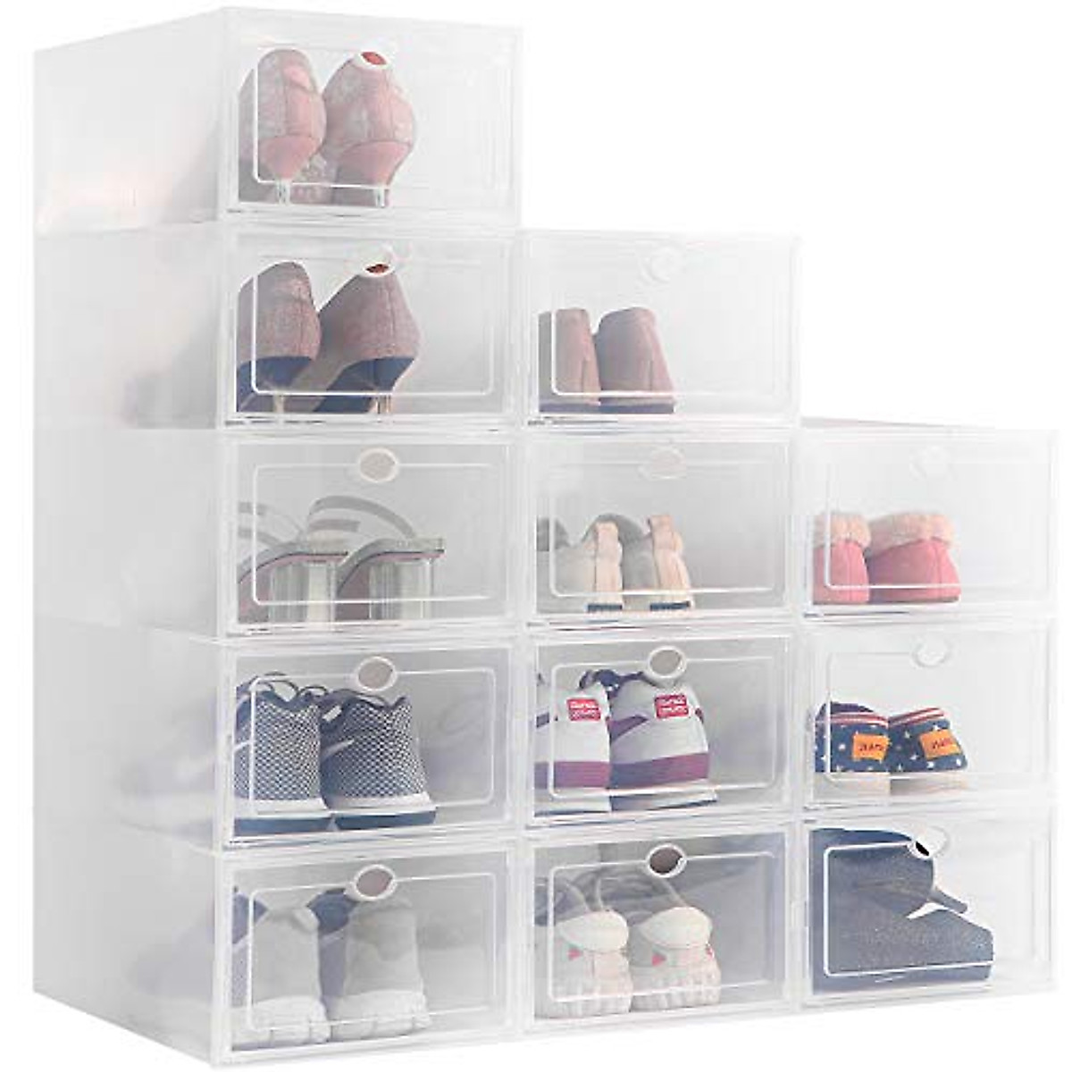 IRONLAND Stackable Shoe Storage Box, Foldable Clear Plastic Shoe Organizer 12 Pack, Need to be Assembled (Clear)