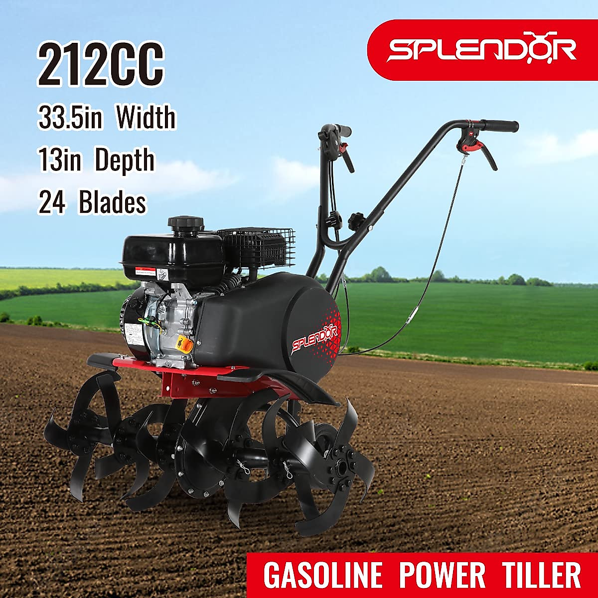 SPLENDOR Gas Powered Tiller 4 Cycle Engine 212CC Working Width Adjustable 13in-22in-33.5in