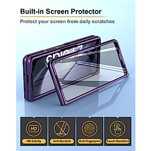 Feitenn for Samsung Z Fold 5 Case, Z Fold 5 Genuine Leather Back Case Slim Hard PC Bling Shockproof Case with Front Tempered Glass Screen Protector Film for Samsung Z Fold 5 2023 (Purple)