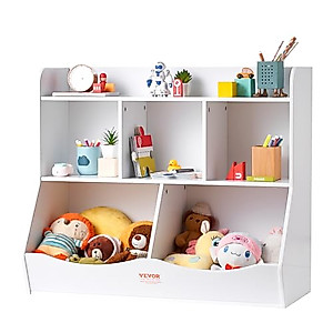 VEVOR Wood Kid Toy Storage Organizer with Bookshelf, 35" W Storage Cubby, Larger 5-Cubby Wood Toy Storage Cabinet, Children Book Toy Shelf for Kids Room, Playroom, Kindergarten, Nursery, White