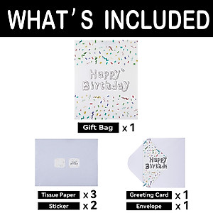 13" Large White Gift Bag Set with Greeting Card and Tissue Papers (Sketch-shaped Happy Birthday) for Women's or Men's Birthday Party, Girls', Boys' or Kids' Birthday Parties, Baby Shower, Baby Girl or Boy -10.2”x5.2”x13”,1 Pcs.