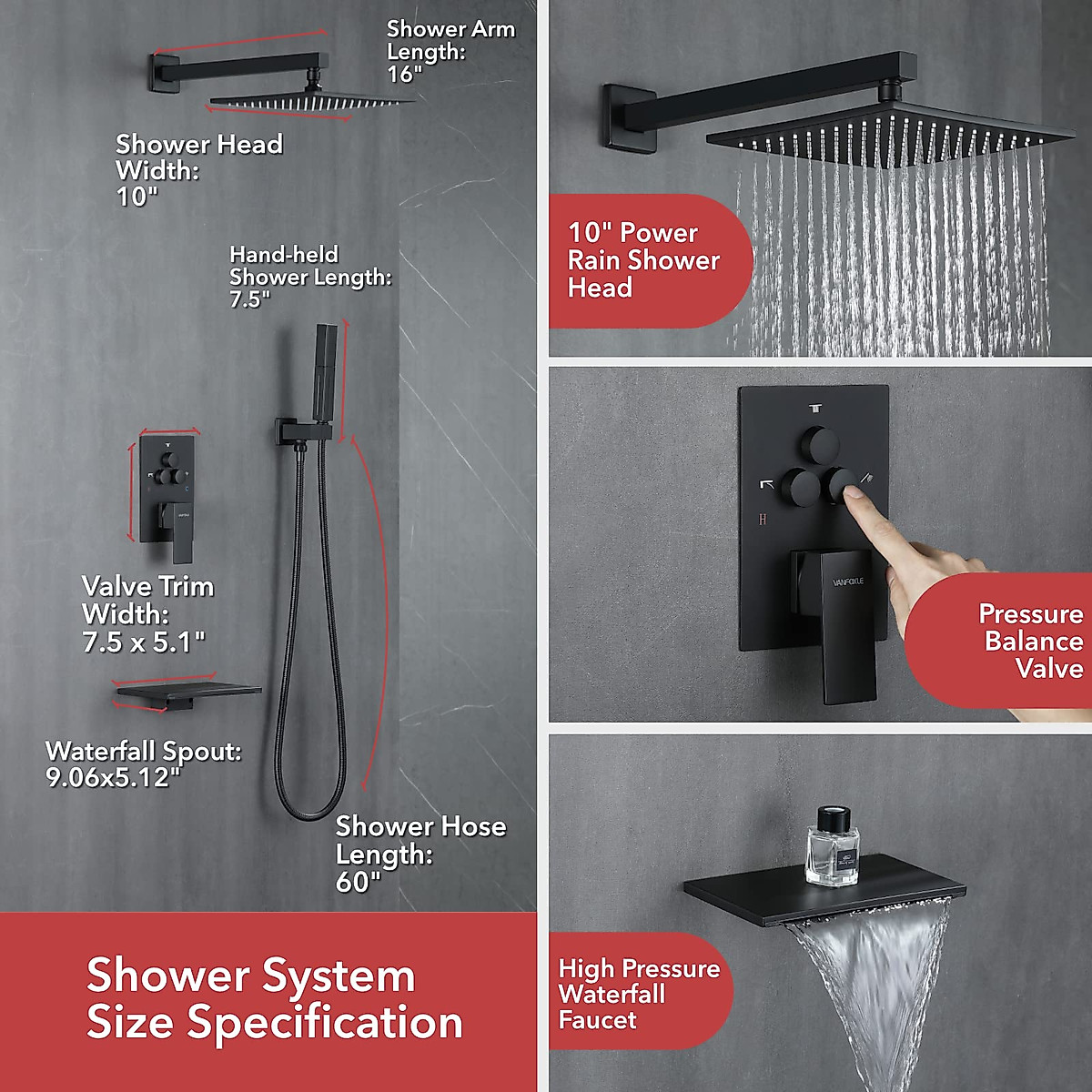 VANFOXLE Shower Faucets Sets Complete Matte Black Shower System with Tub Spout Push Button Diverter Shower Faucet Fixtures with 2 in 1 Handheld, 10 Inch Shower Head(Rough-in Valve Body and Trim)