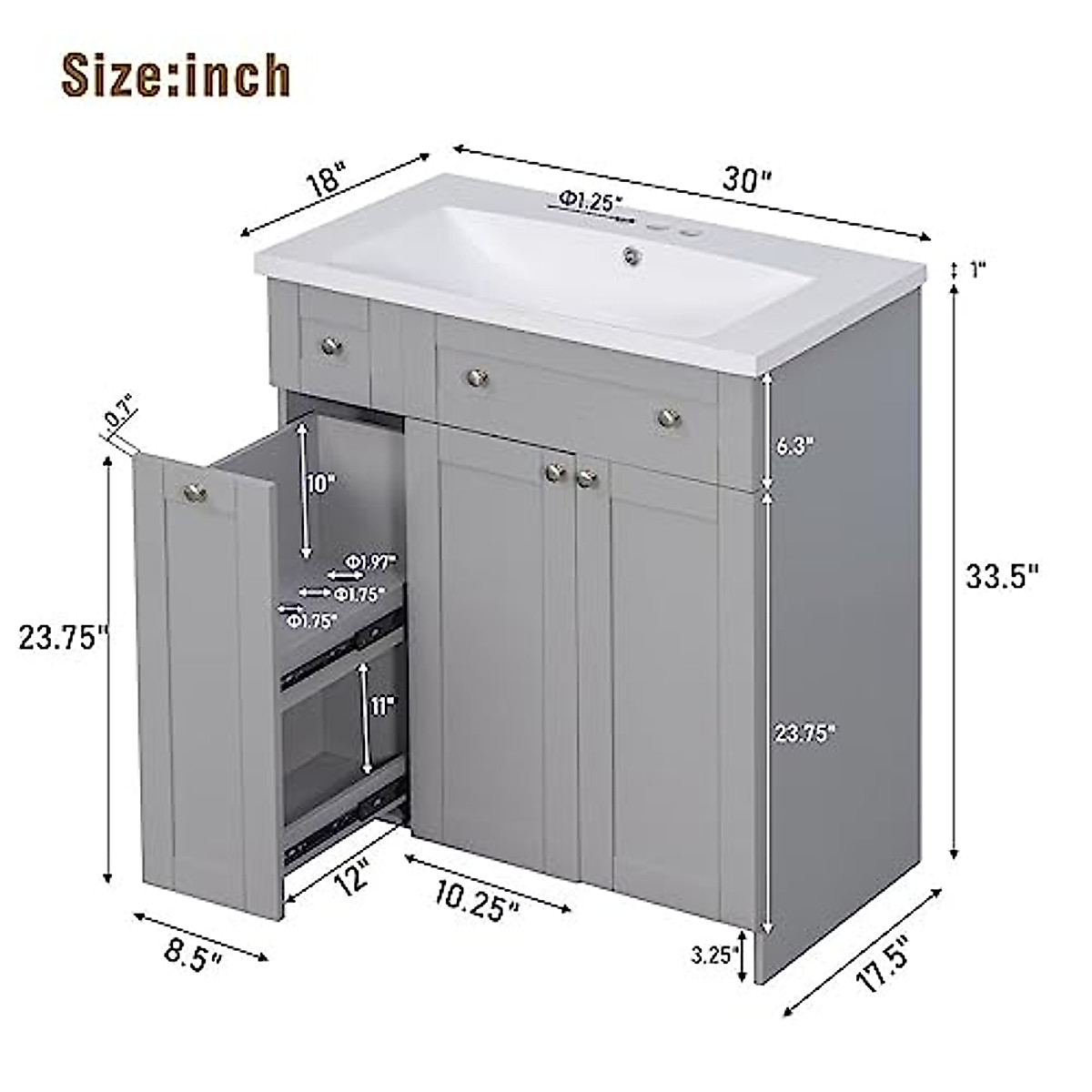 Ayvbir 30 inch Bathroom Vanity with Single Sink in Grey,Combo Cabinet Undermount Sink,Bathroom Storage Cabinet with Solid Wood Frame