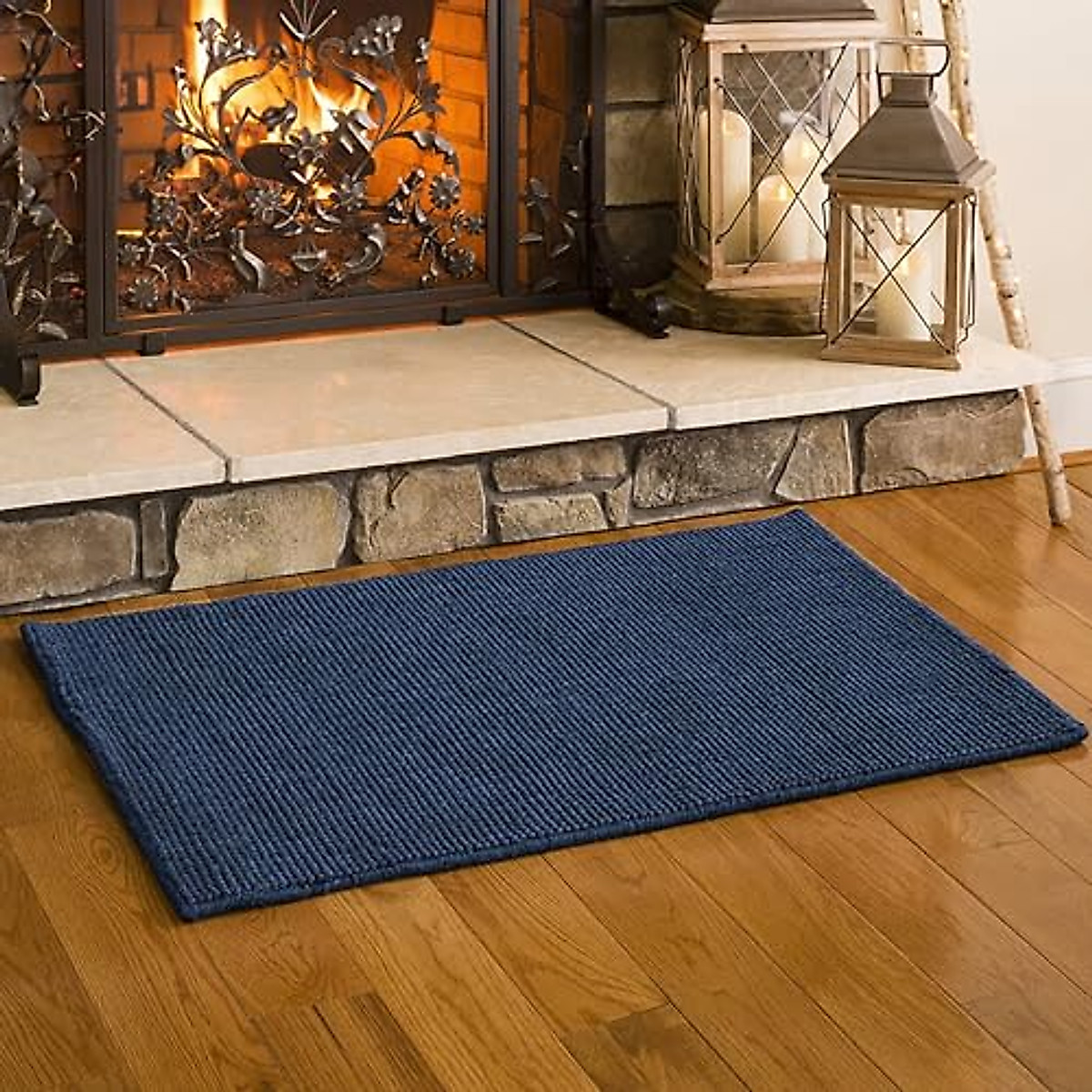 Plow & Hearth Dalton 2x3'6" Fireproof Hearth Rug | Navy | Wool Blend Fireplace Mat | Hearth Rugs for Fireplaces Fire Resistant | Protect Hardwood Floor and Carpet from Sparks and Embers Wood Stove