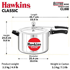 Hawkins Classic CL8W 8 L Aluminum Pressure Cooker, Medium, Silver, 8-Liter Wide Body