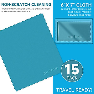 Metene 15 Pack Microfiber Cleaning Cloths (6"x7") in Individual Vinyl Pouches | Glasses Cleaning Cloth for Eyeglasses, Phone, Screens, Camera Lens and Other Delicate Surfaces Cleaner (Blue)