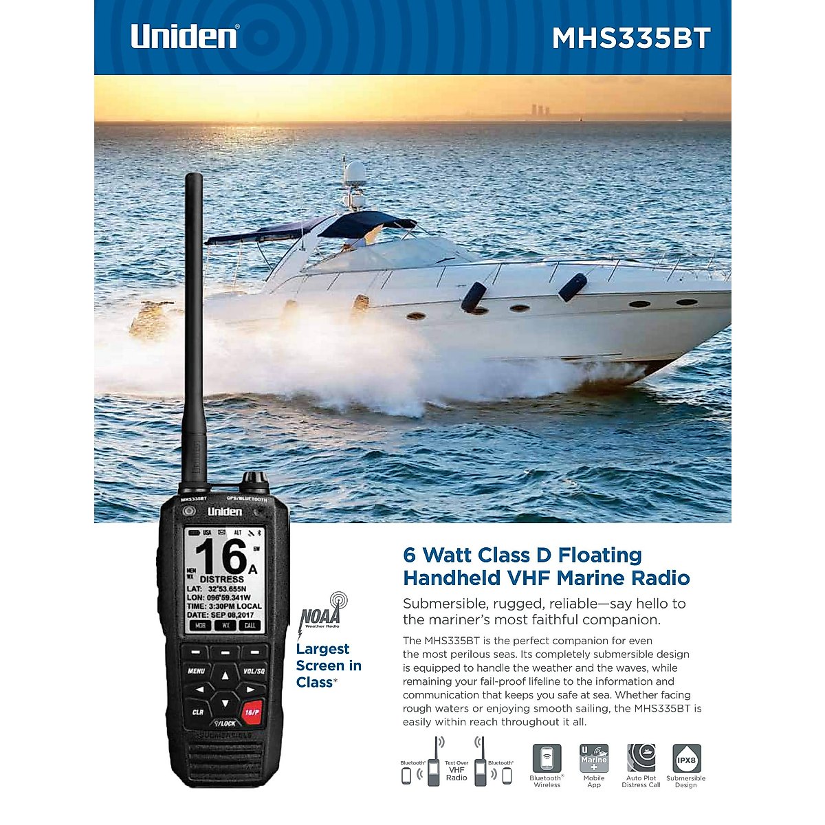 Uniden MHS335BT 6W Class D Floating Handheld VHF Marine Radio with Bluetooth, Text Message Directly To Other Vhf Text Message Capable Radios, IPX8 Submersible Design