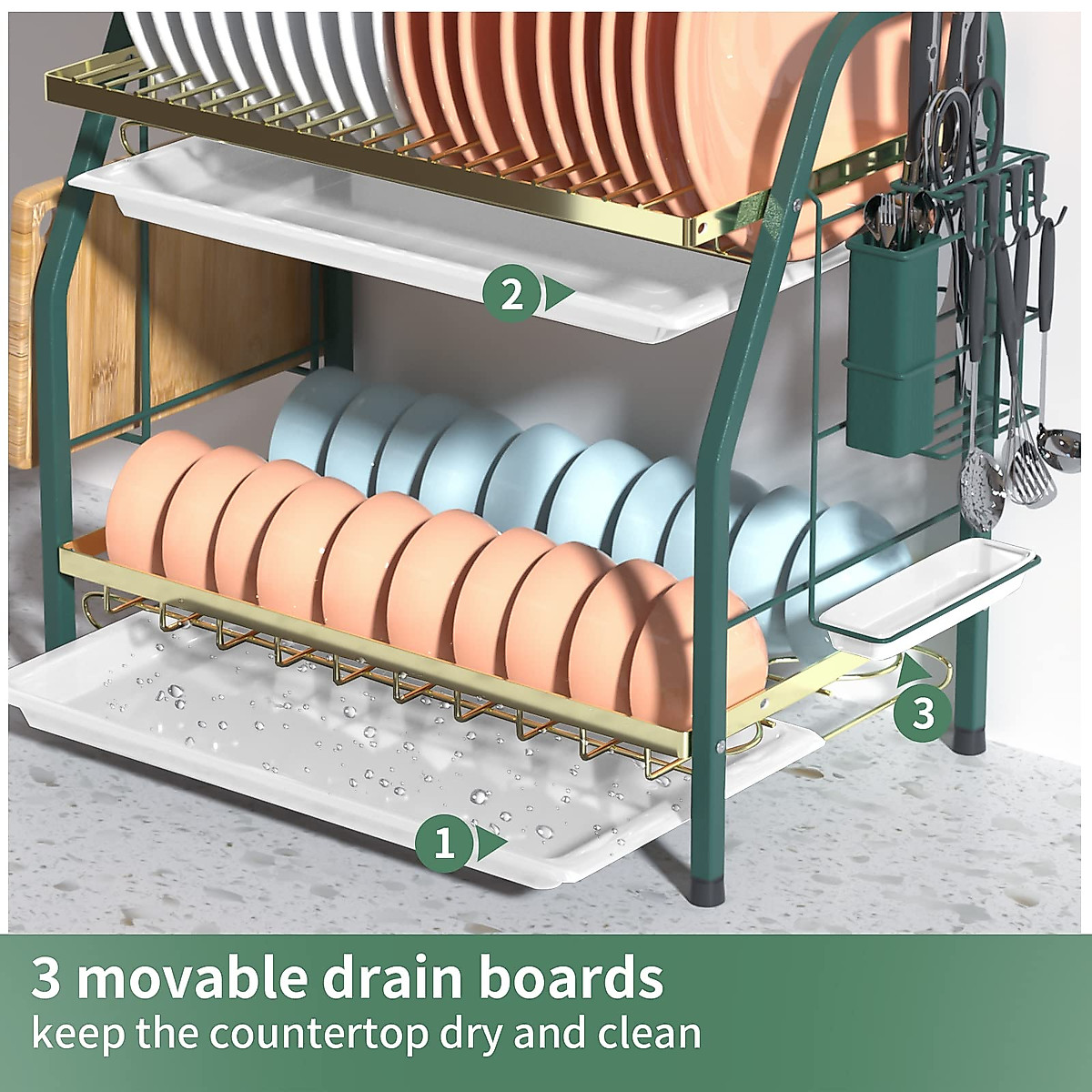 Boiarc Dish Drying Rack, 2 Tier Dish Rack for Kitchen Counter with Drainboard and Utensil Holder, Large Dish Drainer for Small Kitchen - Gold and Green¡­