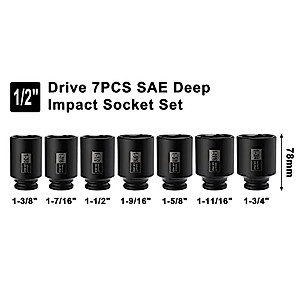 Mayouko 7PCS 1/2 Inch Drive Deep Impact Socket Set, 1-3/8" - 1-3/4", Spindle Axle Nut Sockets, SAE, Deep, 6-Point, CR-MO