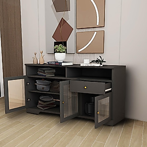 Kitchen Buffet Sideboard, Cabinet Storage Buffet Cabinet with Storage 46” 3 Glass Door and Adjustable Shelves, Modern Sideboard Wood Coffee Bar Cabinet