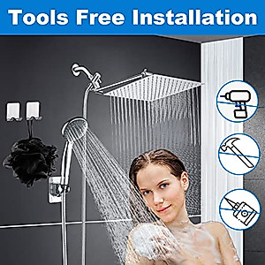 12"High Pressure Rainfall Shower Head with Handheld Spray Combo, Square Waterfall Shower Heads, 5Settings Chrome Showerhead Spray with Holder, 13"Adjustable Extension Arm, 59"Stainless Steel Hose