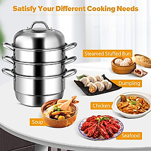 PETSITE 3-Tier Stainless Steel Steamer Pot, 11" Multi-Layer Cooking Pot, Steam Pot with Handles & Tempered Glass Lid, Steamer for Cooking