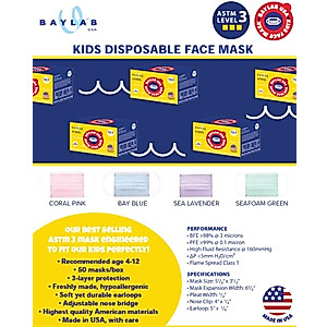 BAYLAB USA ASTM Level 3 Kid Size Disposable 3-Layer Face Masks, Bay Blue, Pack of 50