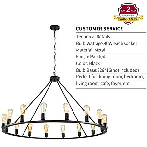 Tefiohen 48" 16-Light Large Wagon Wheel Chandelier, Farmhouse Chandelier, Heights Adjustable Rustic Vintage Round Pendant Light Fixtures for Kitchen Island Dining Living Room Foyer Entryway, Black