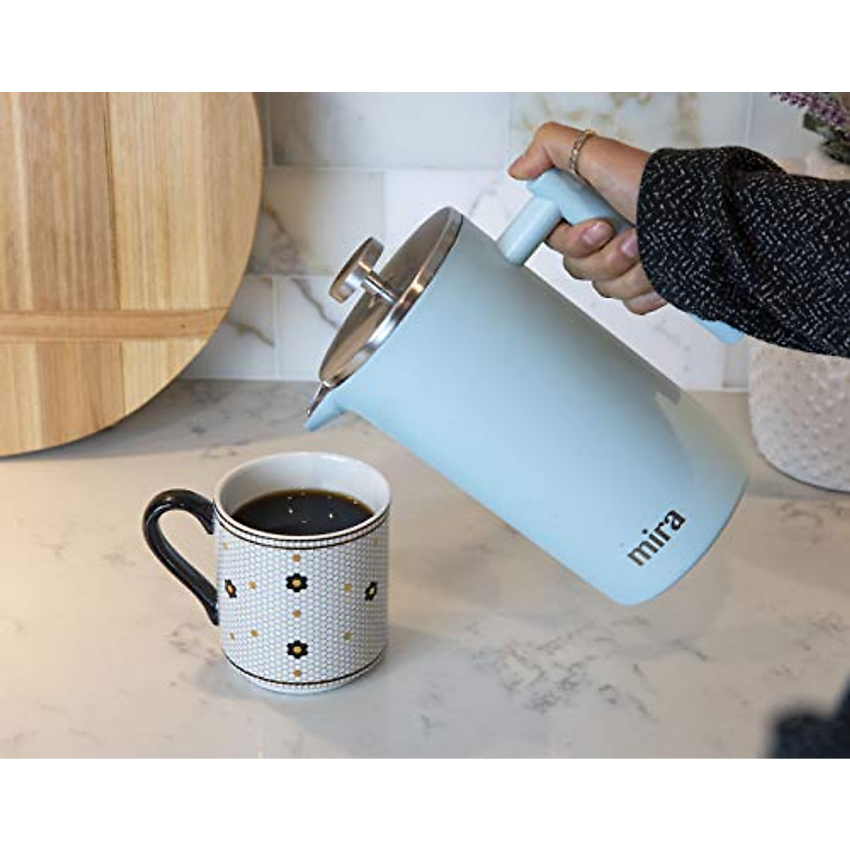 MIRA 34 oz Stainless Steel French Press Coffee Maker with 3 Extra Filters | Double Walled Insulated Coffee & Tea Brewer Pot & Maker | Keeps Brewed Coffee or Tea Hot | 1000 ml (Pearl Blue)