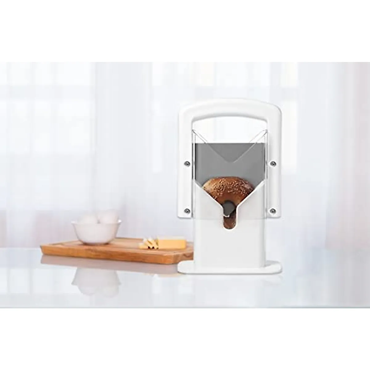Bagel Slicer, Safety Handle，Bagel Cutter Stainless Steel (White)