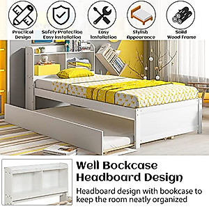 Olela Twin Bed with Trundle Bookshelf, Platform Twin Bed with Trundle with Bookcase Storage for Girls Boys, No Need Box Spring (White)