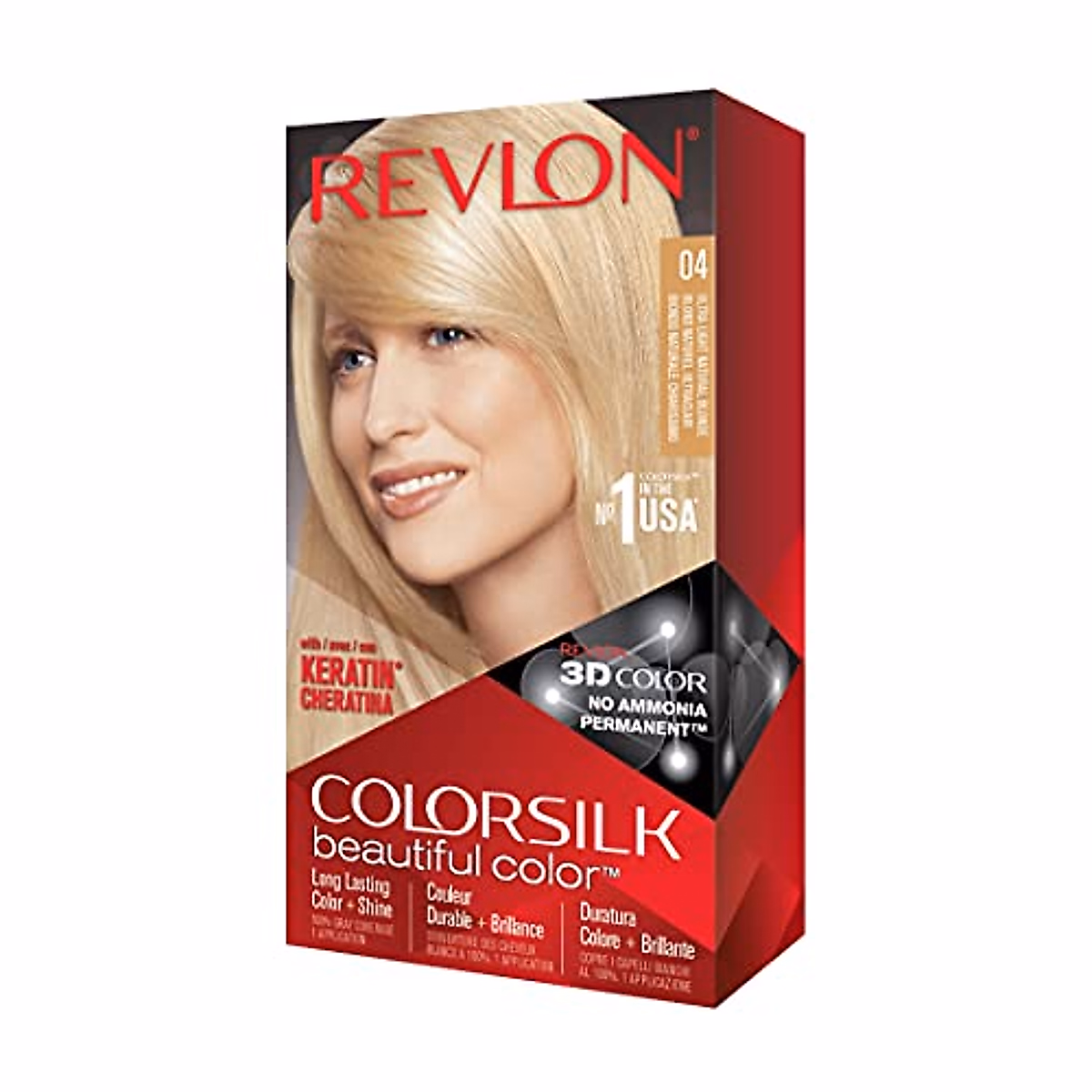 Revlon Permanent Hair Color, Permanent Hair Dye, Colorsilk with 100% Gray Coverage, Ammonia-Free, Keratin and Amino Acids, 04 Ultra Light Natural Blonde, 4.4 Oz (Pack of 1)