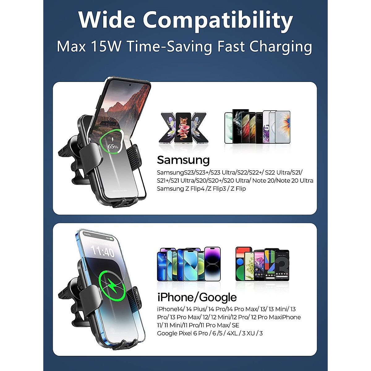 Wireless Car Charger for Samsung Galaxy Z Flip, 15W Charging [AUTO Moving Coil], Dash Air Vent Auto-Clamping Car Phone Holder Charger Mount Wireless Charging for iPhone 15/14/13, Galaxy Z Flip 5/4/3