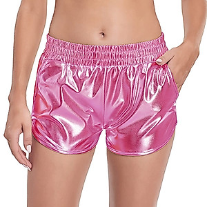 Fenyong Women's Metallic Shorts Shiny Pants with Elastic Waist Hot Rave Dance