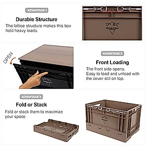 Front Loading Collapsible 13.7 Gallon 52L Storage Crate with a Melamine Lid Foldable Box Colorful Plastic Utility Bin for Home Garage Outdoor (1P)) (Black)