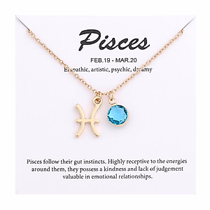 TGOLM 14k Gold Plated Pisces Sign March Birthstone Created-aquamarine Crystal Necklace for Women Birthday Gift
