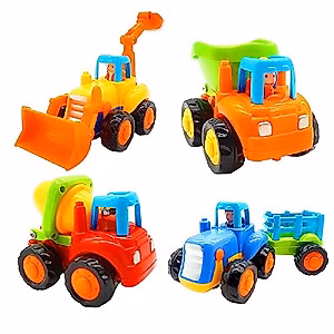 Friction Powered Cars, Push and Go Toy Trucks Construction Vehicles Toys Set for 1 2 3 Year Old Baby Toddlers Beach Dump Truck, Cement Mixer, Bulldozer, Tractor, Early Educational Gifts, A Set of 4