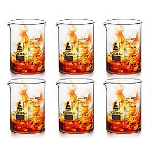 EISCO 6PK Beakers, 1000mL - Low Form with Spout - White, 100mL Graduations - Borosilicate Glass