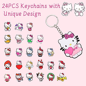 Uhael 74PCS Cute Cat Kitty Party Favors Keychains Stickers Anime Cartoon Lovely Cat Themed Birthday Party Supplies Bulk, Pink Bow Kitty Decorations for Girls Christmas Gift Classroom Rewards