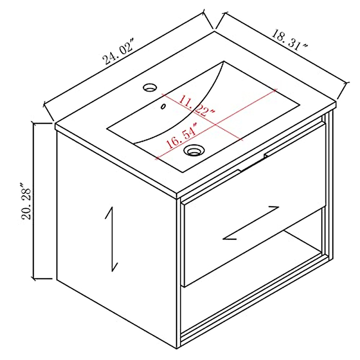 24 inches Wall Mounted Bathroom Vanity, Floating Bathroom Vanity Cabinet with Drawer Vanity Sink Combo with Open Shelf Wood Hanging Bath Cabinet, Easy Assembly, White