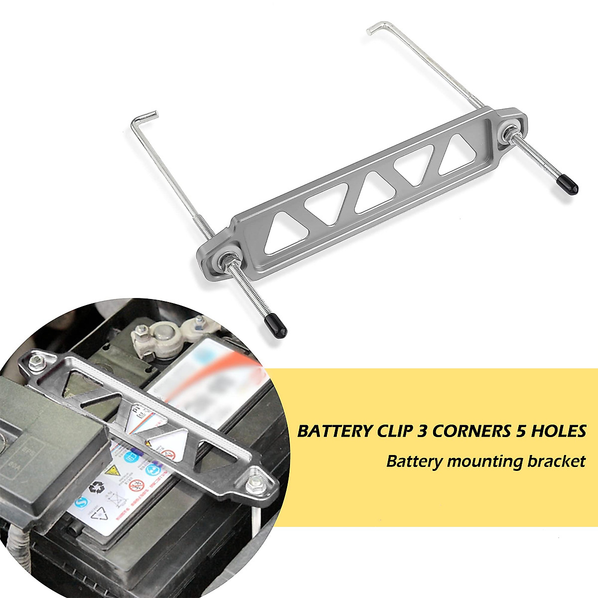 Battery Hold Down Bracket,Premium Aluminum Alloy Battery Tie Down Sets Provide Safe&Stable Driving Environment,Universal Car Battery Holder with 8" Stainless Steel J Bolts (Silver)