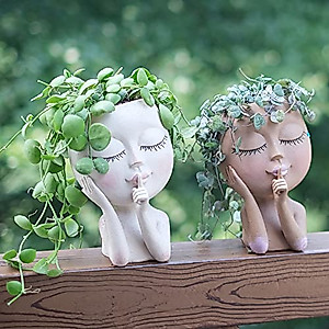 SnugMaker Face Planter Pots Head Planter, Succulent Planters, Face Flower Pot Head Planter for Indoor Outdoor Plants with Drainage Hole Closed Eyes(Light)