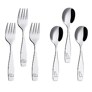 ANNOVA Children's Flatware 6 Pieces Set - Stainless Steel Silverware 3 x Safe Forks, 3 x Dinner Spoons - Kids Toddler Utensils Lunch Box (Engraved Dinosaurs T-Rex, Triceratops)