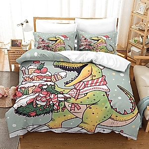 LENTLY Cartoon Dinosaur 3D Print Bedding Set Soft Microfiber Quilt Covers 3 Pieces Christmas Theme Comforter Cover with Pillowcase for Childrens and Adults Duvet Cover Twin（173x218cm）